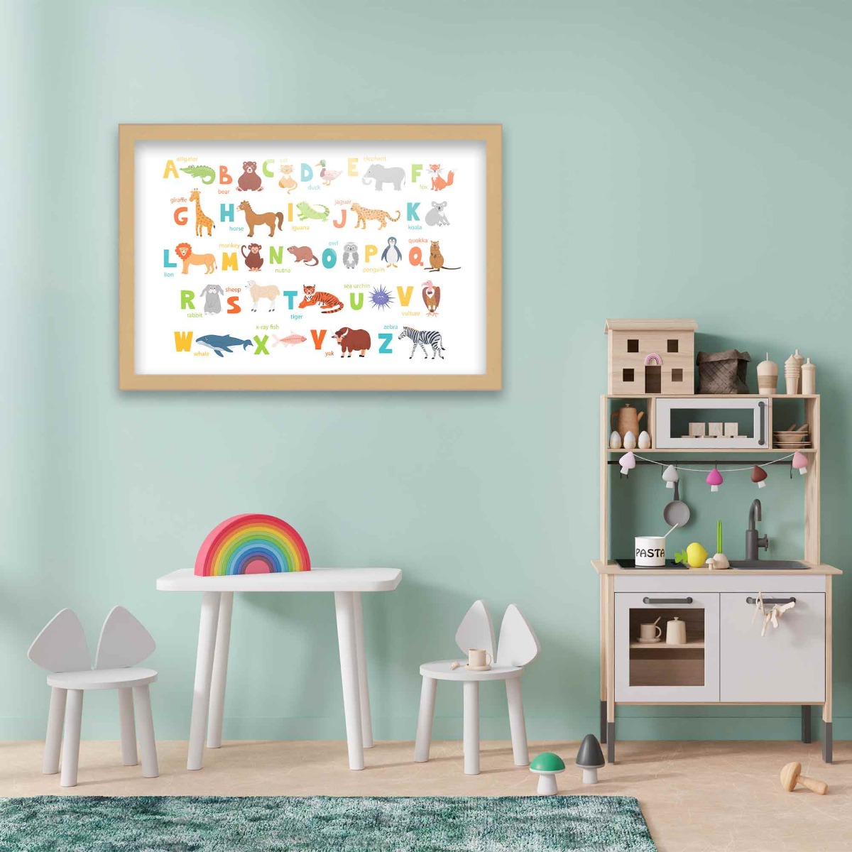 12x18 Framed Nursery Wall Art Animal ABC Poster In Natural Wood Frame