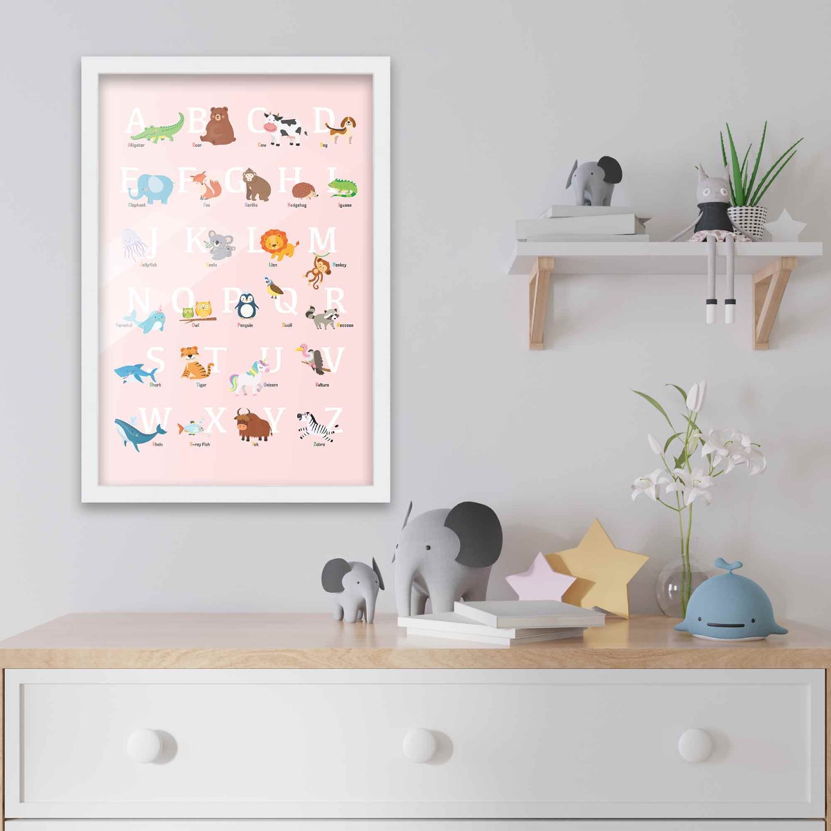12x18 Framed Nursery Wall Art Pink Animal ABC Poster In White Wood Frame