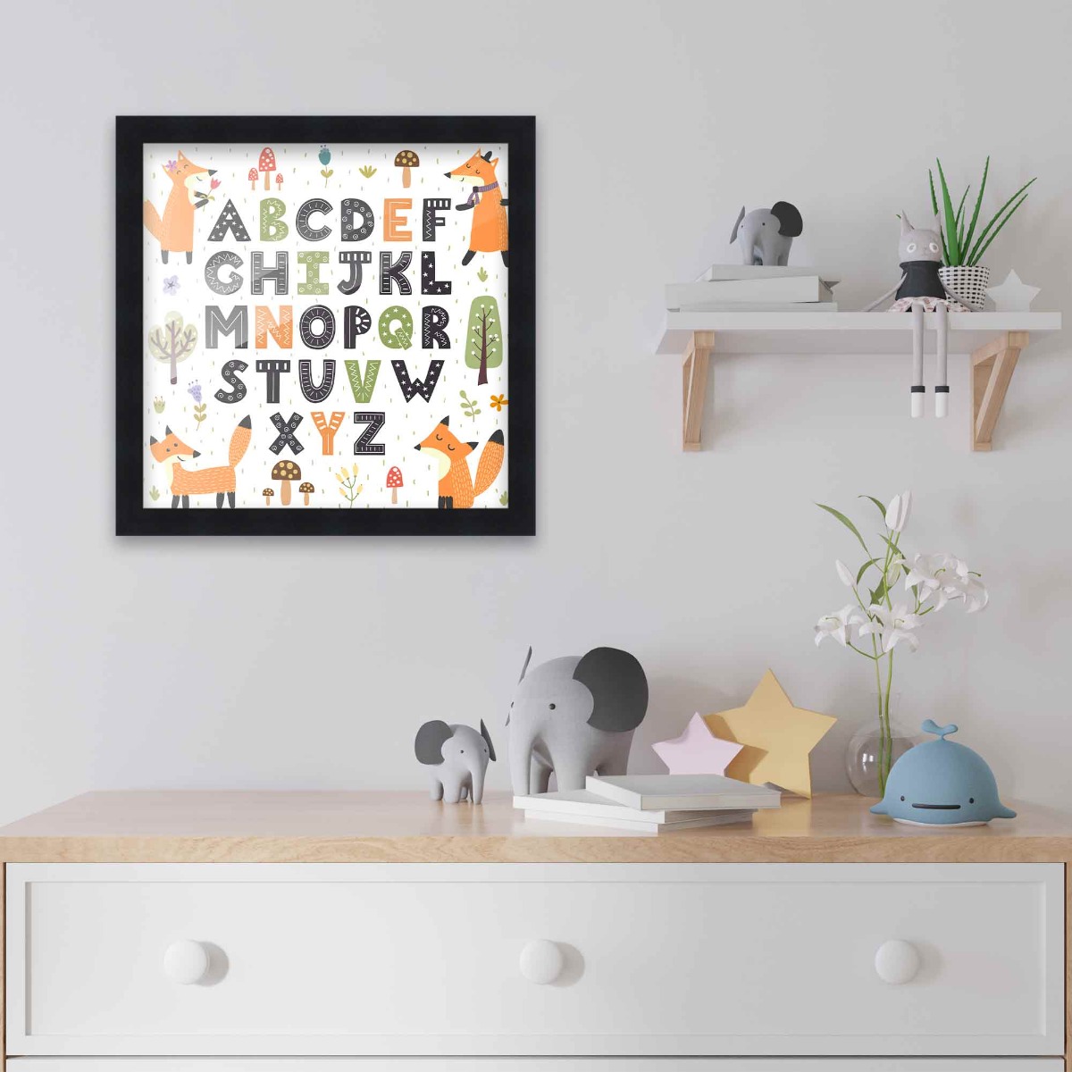 10x10 Framed Nursery Wall Art Fox ABC Poster In Black Wood Frame