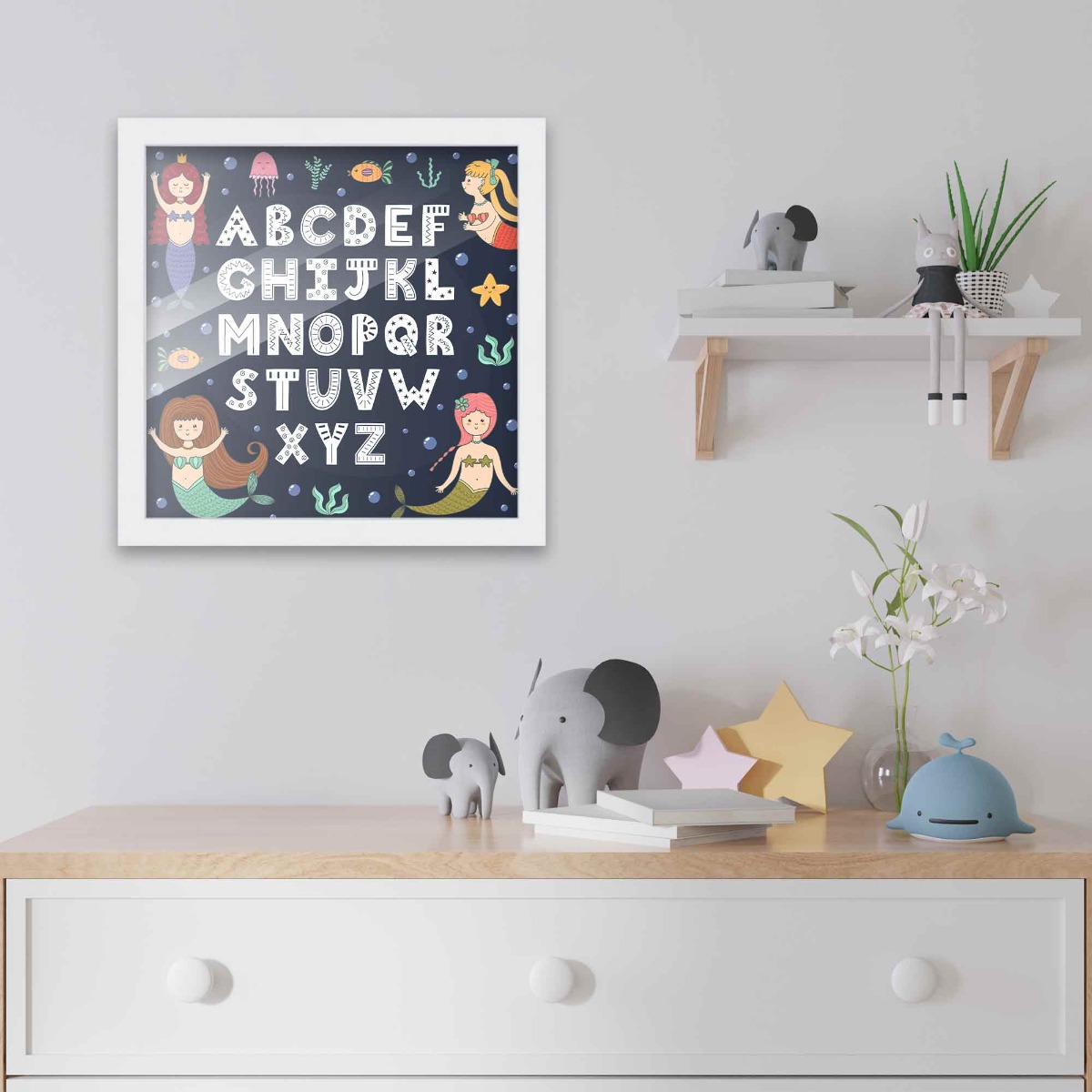 10x10 Framed Nursery Wall Art Mermaid ABC Poster In White Wood Frame