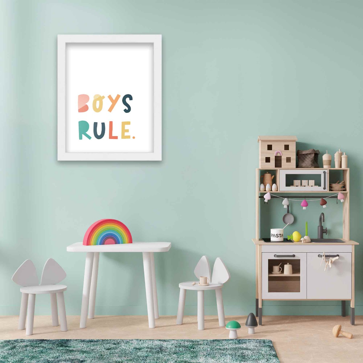 8x10 Framed Nursery Wall Art Colorful Boys Rule Poster In White Wood Frame