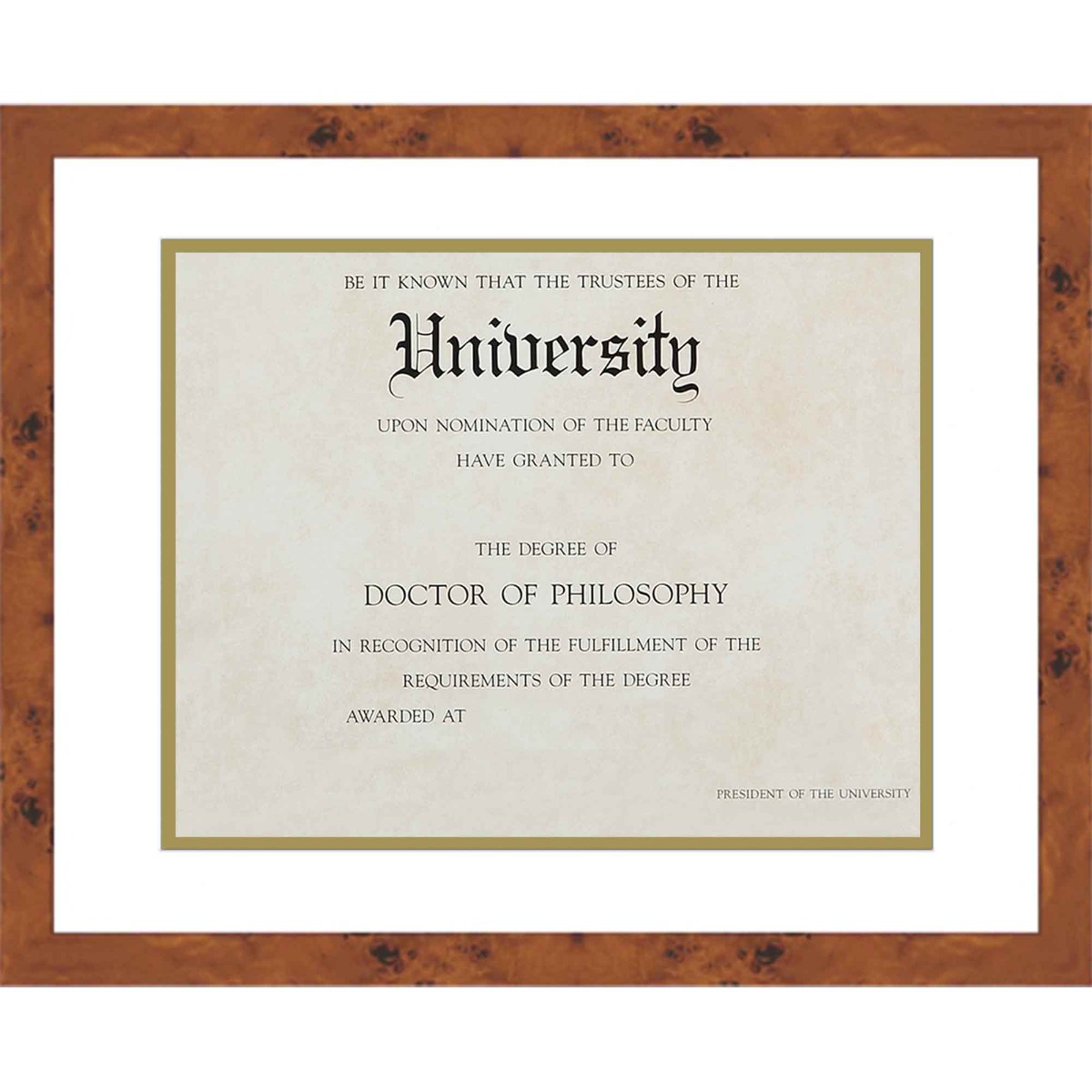 Burl Wood Diploma Frame with White on Gold Double Mat | Frames for Diplomas