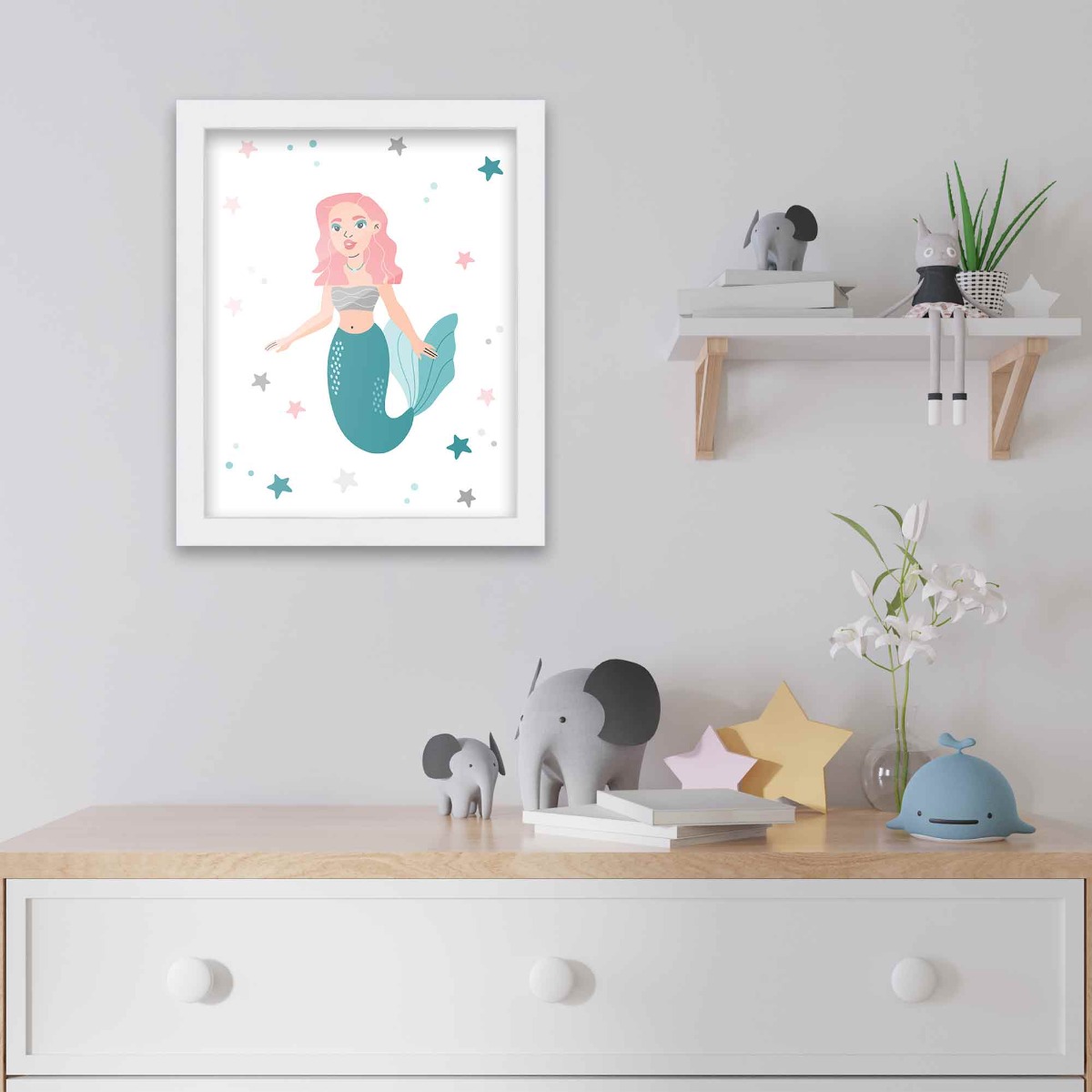8x10 Framed Mermaid Poster In White Wood Frame