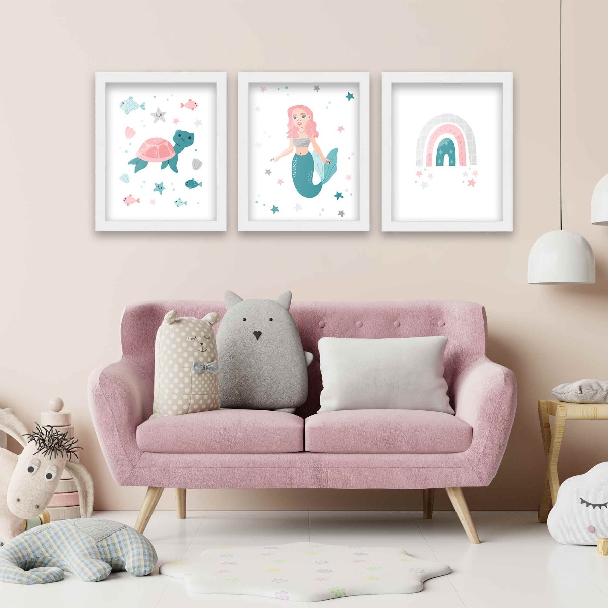 8x10 Framed Nursery Wall Art Set of 3 Mermaid Prints in White Wood Frames