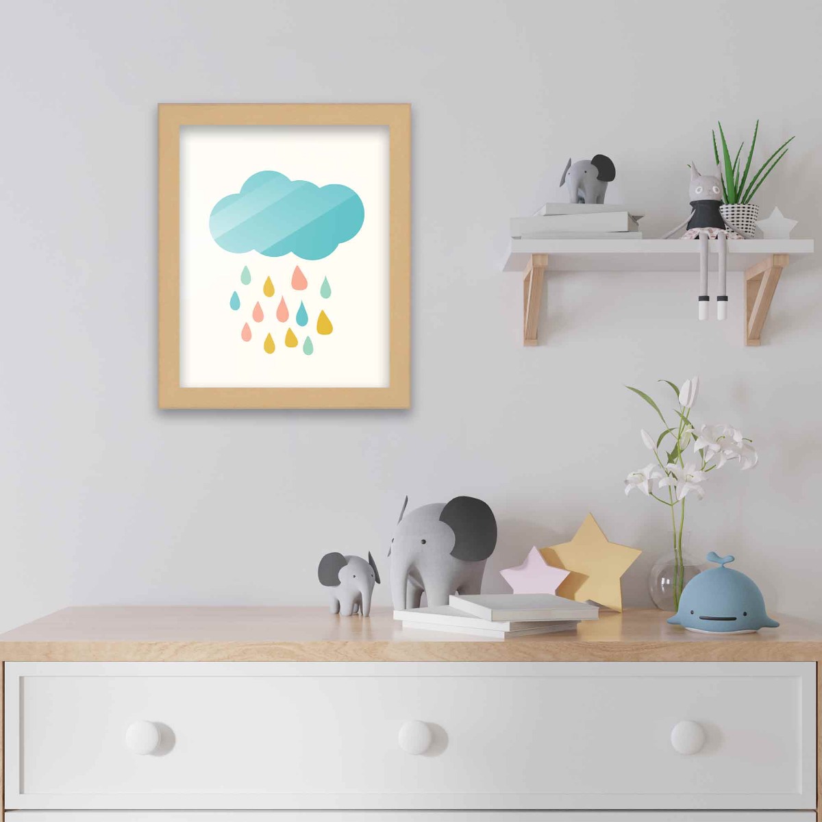 8x10 Framed Art Boho Rainbow Rain Cloud Poster In Natural Wood Frame