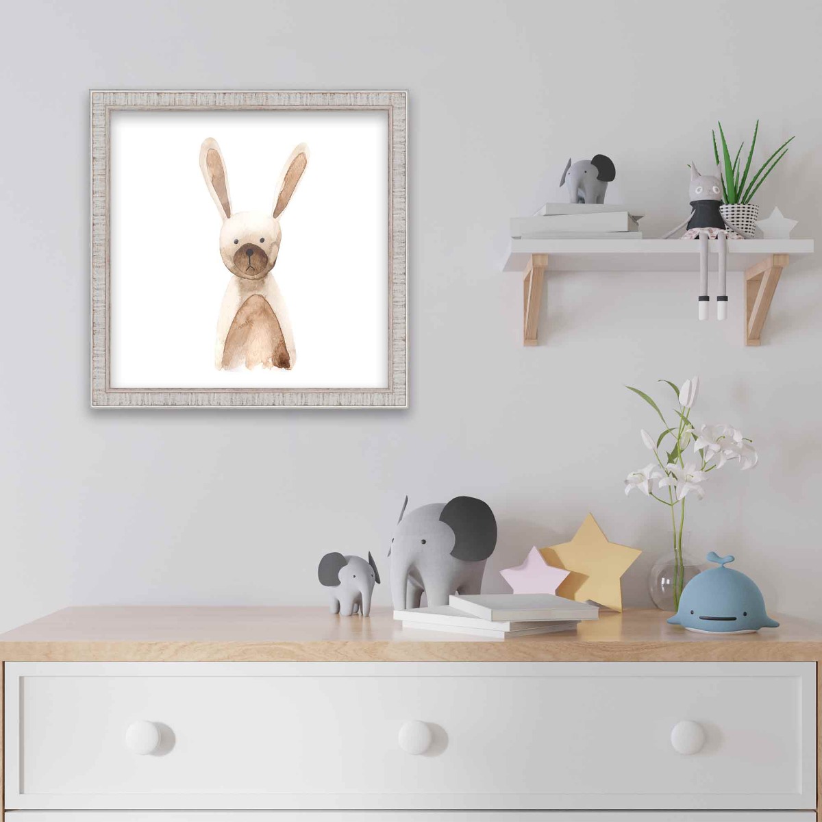 10x10 Framed Art Watercolor Rabbit Poster in Rustic White Wood Frame